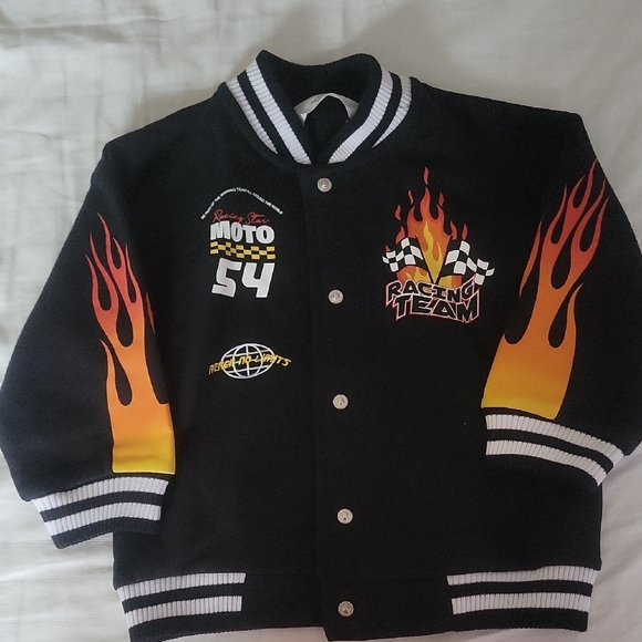 H&M | Jackets & Coats | Black Racing Team Jacket With Flame Design ...